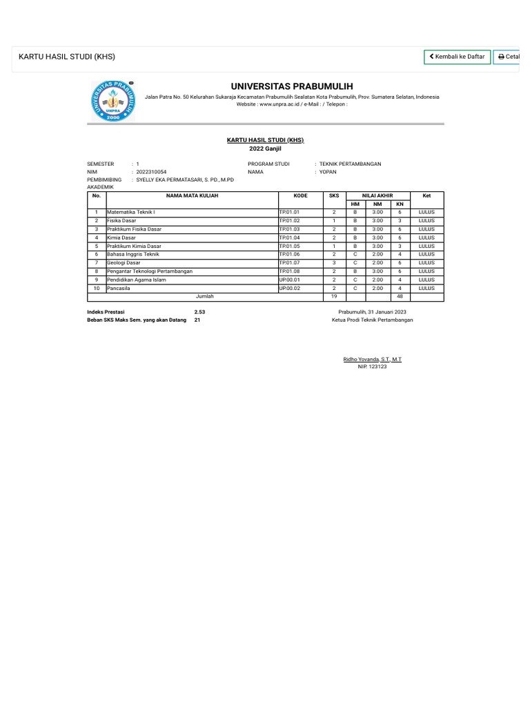 KARTU HASIL STUDI (KHS) Yopan PDF | PDF