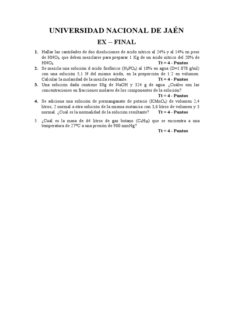 Examen Final - Ing Química | PDF | Concentración | Ciencias fisicas Examen Final - Ing Química | PDF | Concentración | Ciencias fisicas