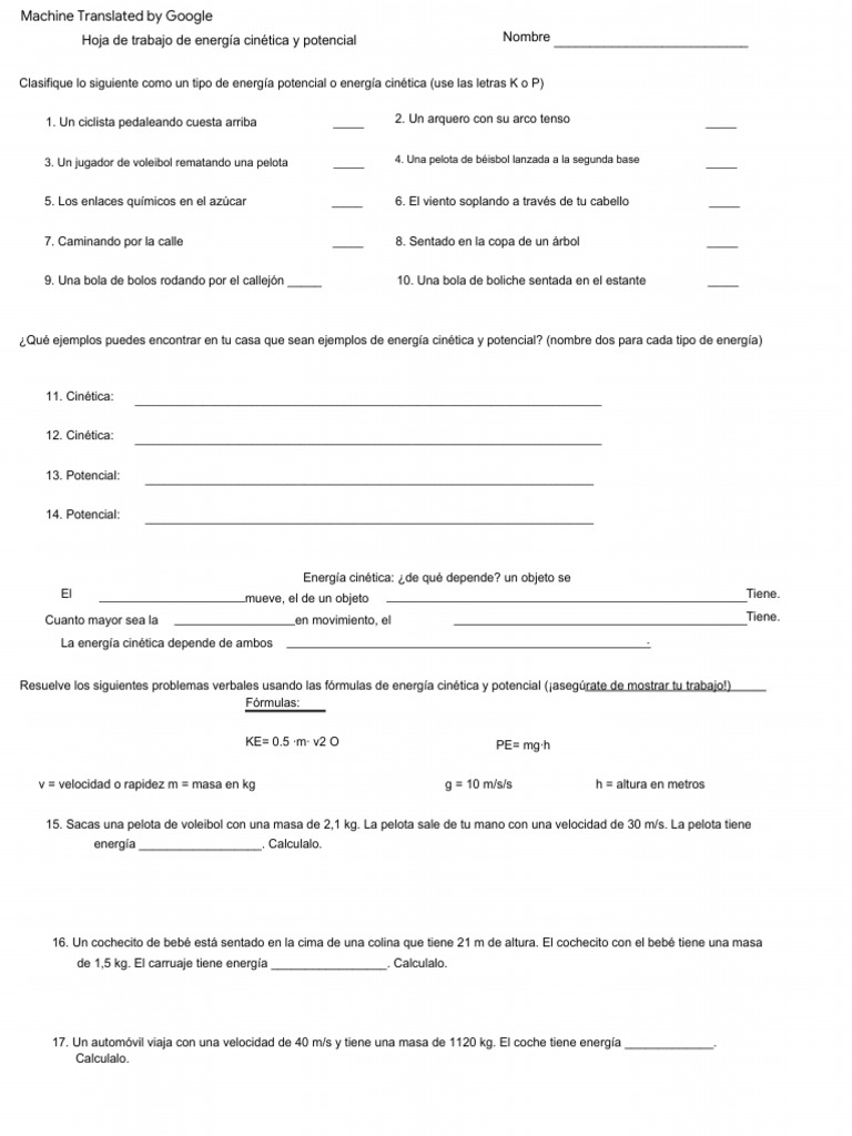 Hoja de Trabajo Energia Cinetica y Potencial | PDF