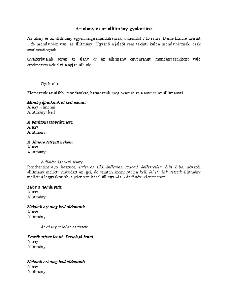Az Alany És Az Állítmány Gyakorlása - 1 | PDF