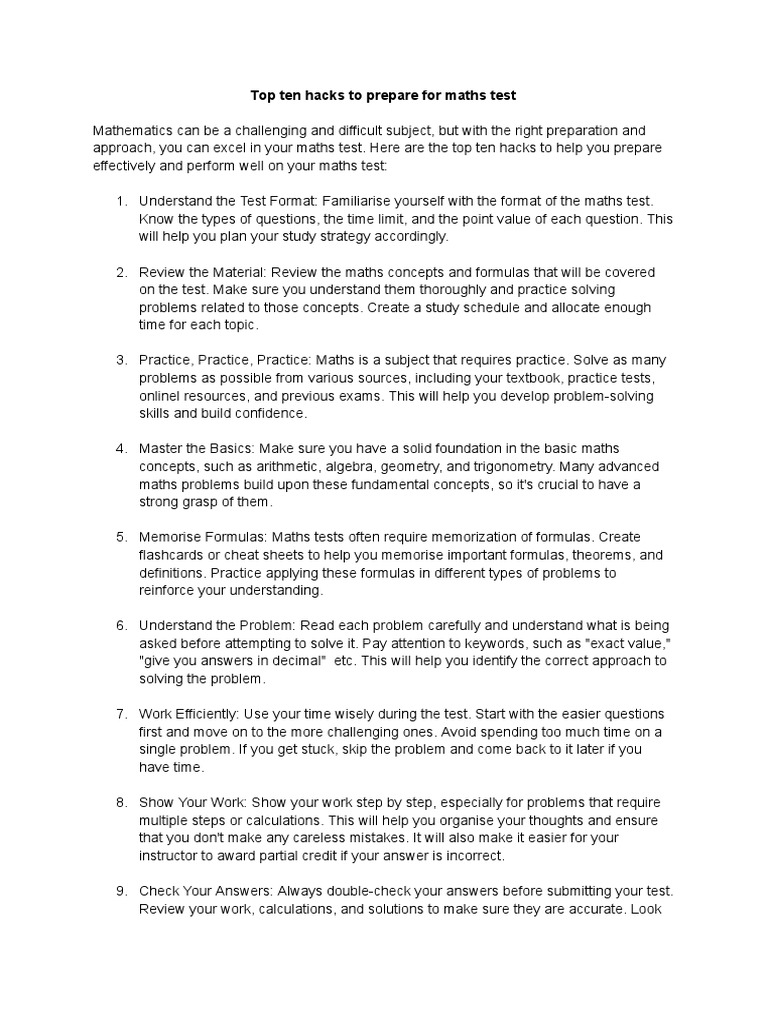 Top Ten Hacks On o Prepare For Math Test | PDF | Mathematics ...