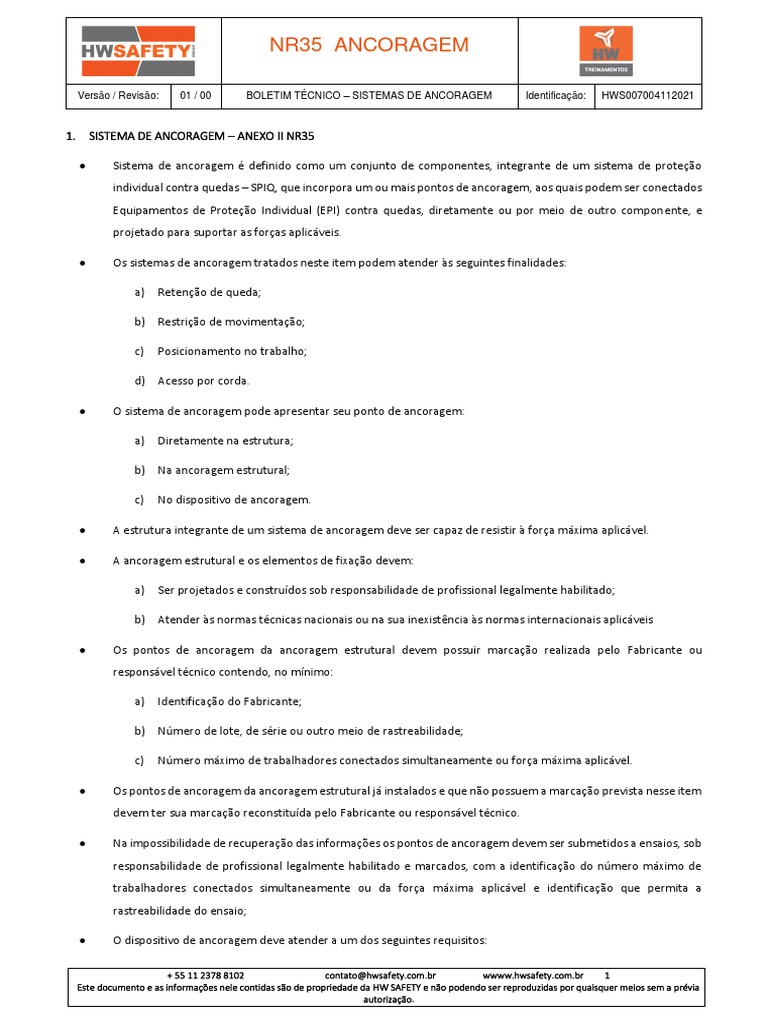Boletim Técnico - HWS00704112021 - Ancoragem - NR35 PDF | PDF