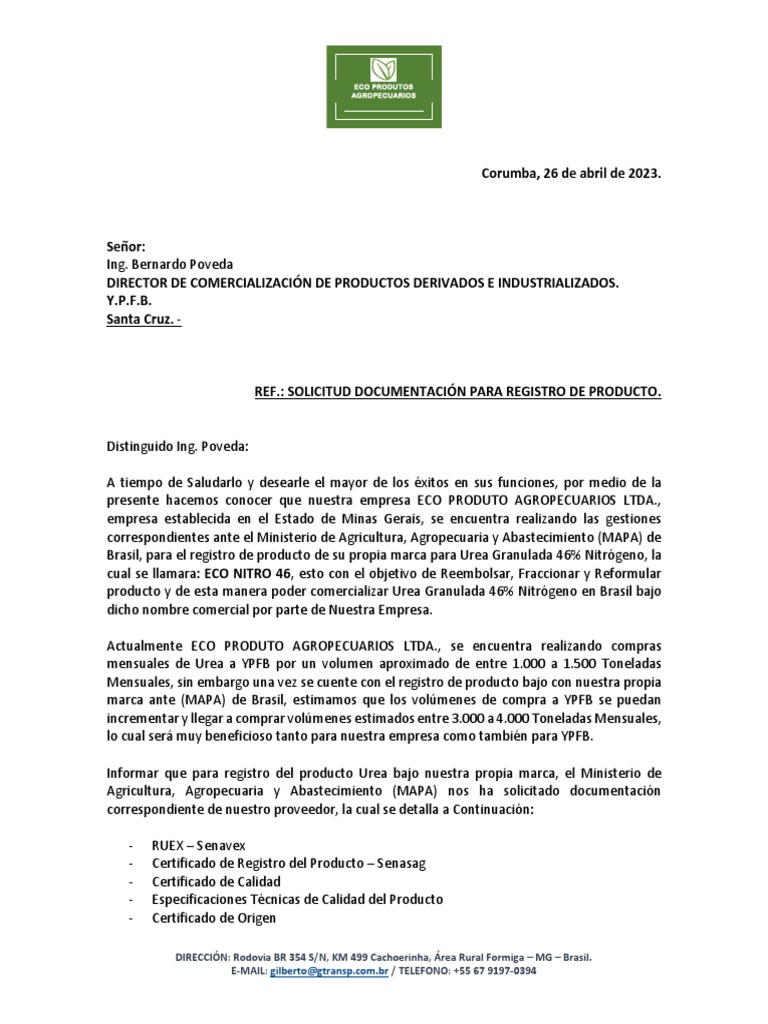 Carta Solicitud Documentacion Registro de Producto - Eco Produto Agropecuarios Ltda. - YPFB | PDF