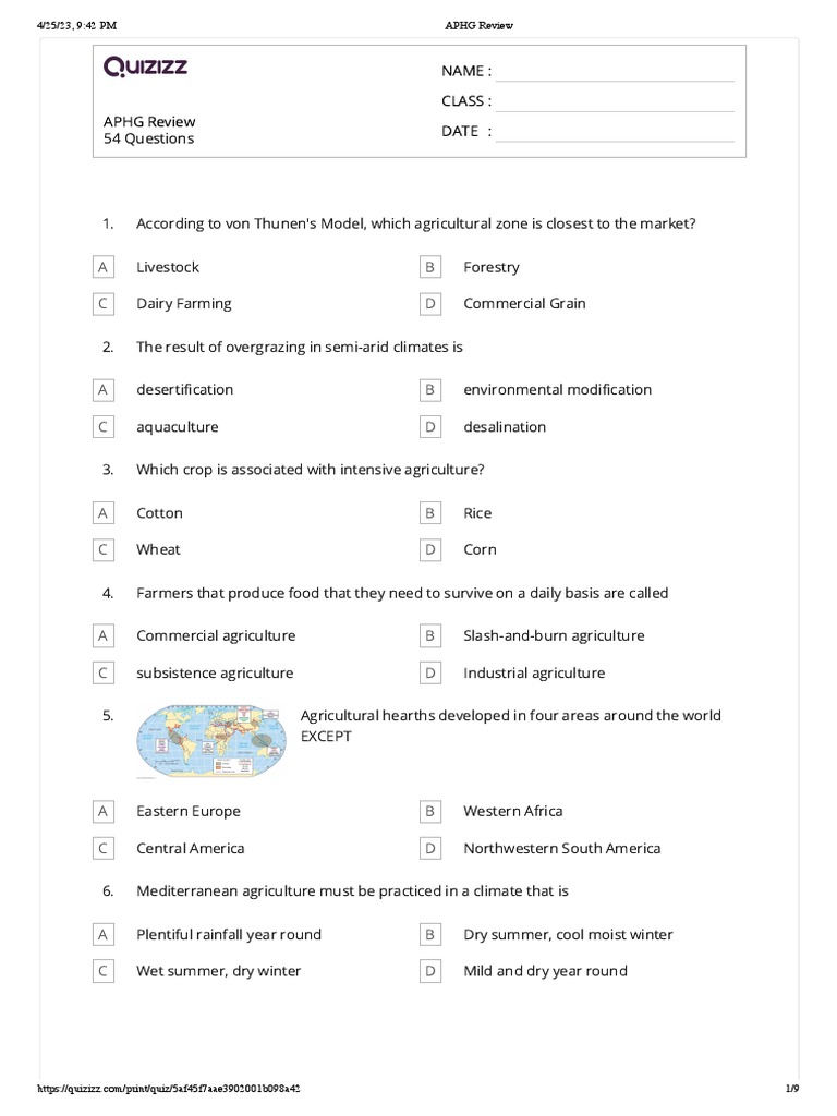 APHG Review: 54 Questions | PDF | Agriculture | Intensive Farming