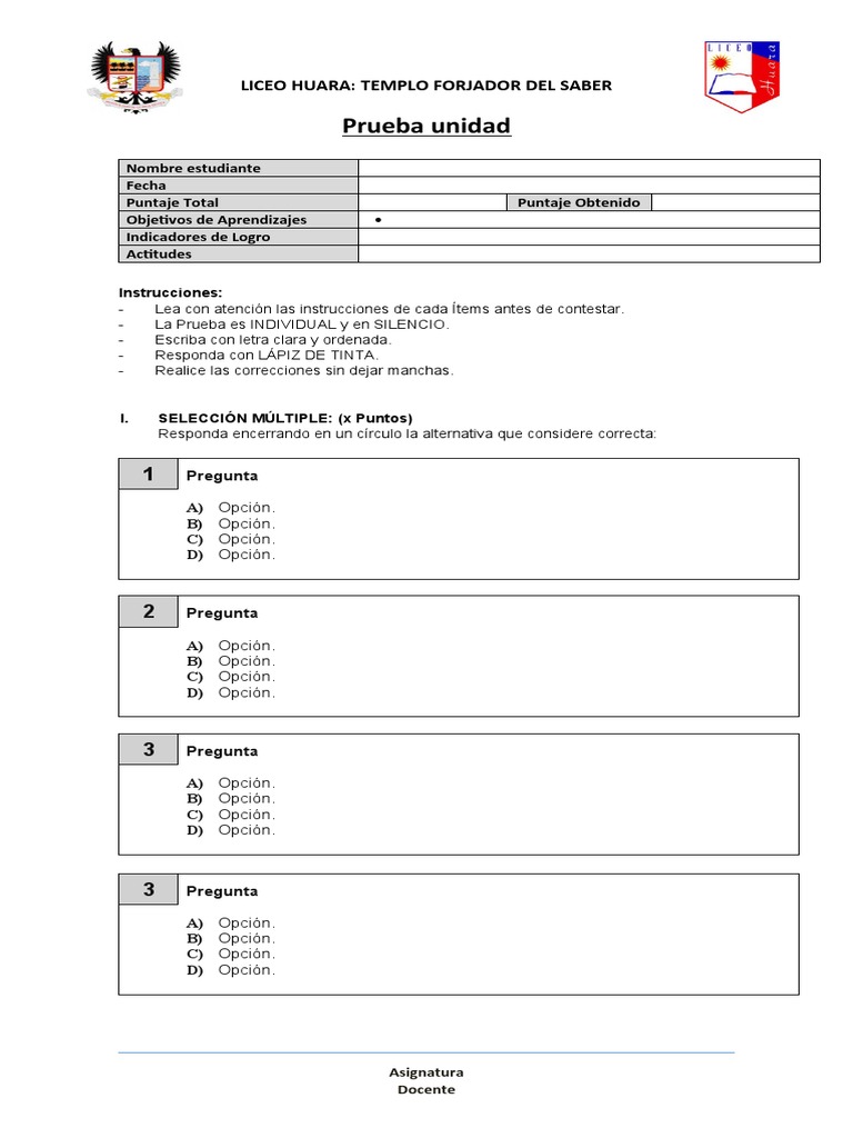 Formato Prueba Estandarizada - Nombre Evaluación | PDF | Cognición | Aprendizaje