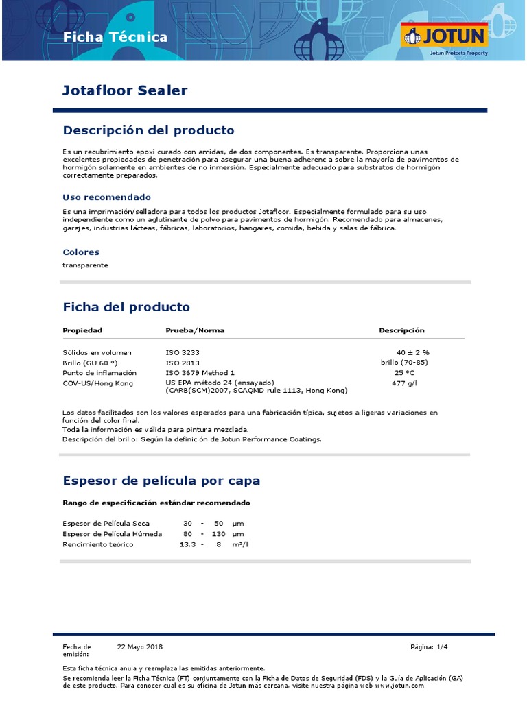 Ficha técnica para Jotafloor Sealer, un recubrimiento epoxi de dos ...