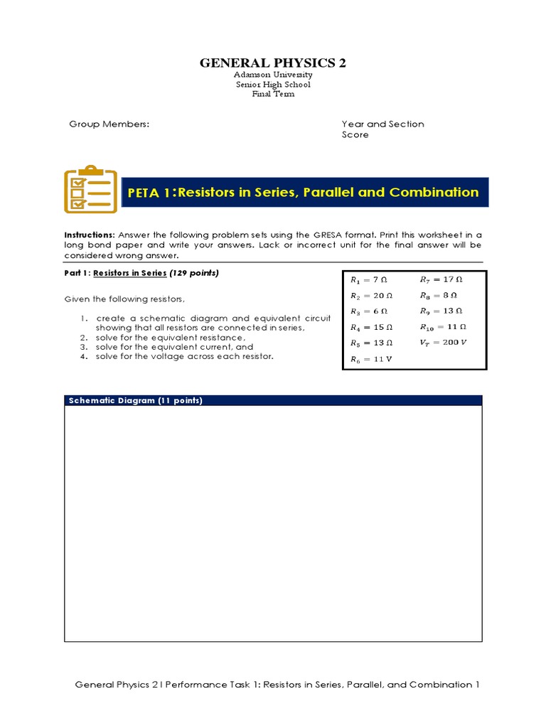Performance Task 1 - Resistors in Series, Parallel, and Combination PDF ...