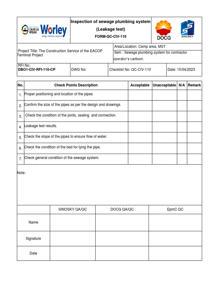 Sewage Plumbing System Inspection QC | PDF