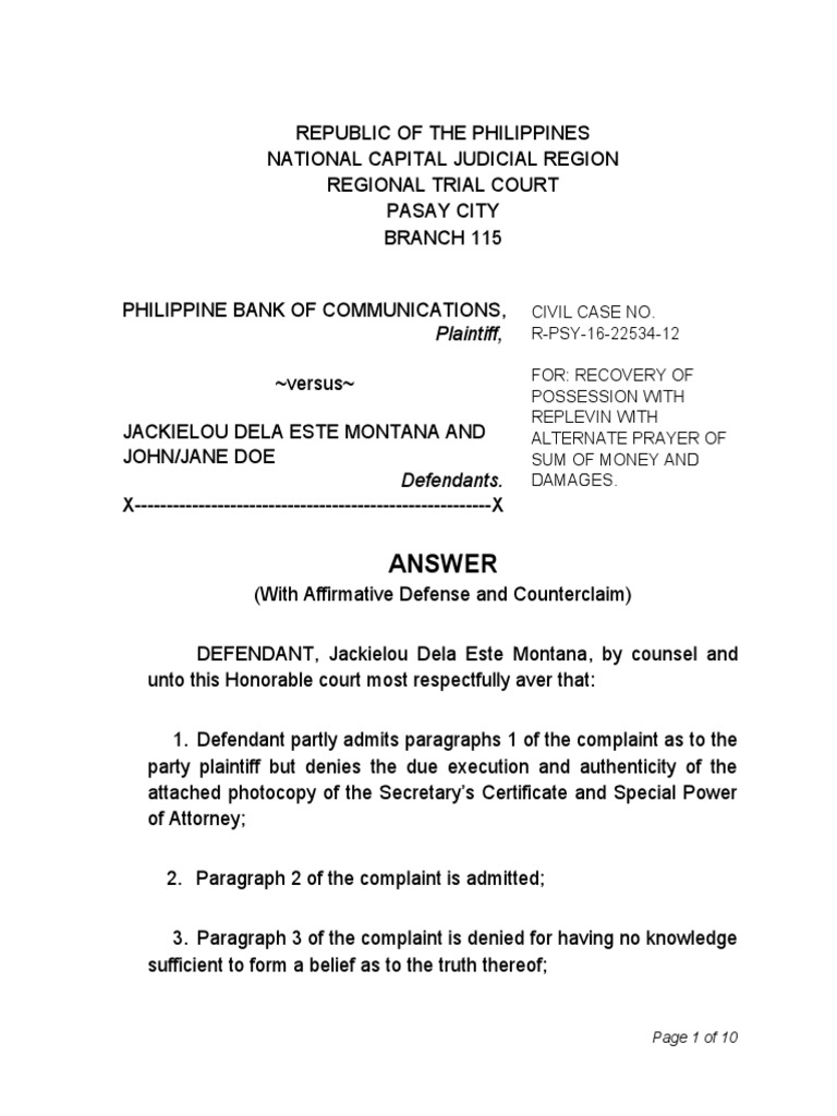 ANSWER REPLEVIN RECOVERY OF POSSESSION Jackielou Dela Este | PDF | Law ...