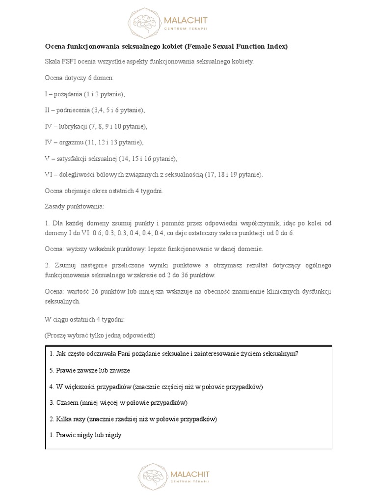 Ocena Funkcjonowania Seksualnego Kobiet (Female Sexual Function Index) | PDF