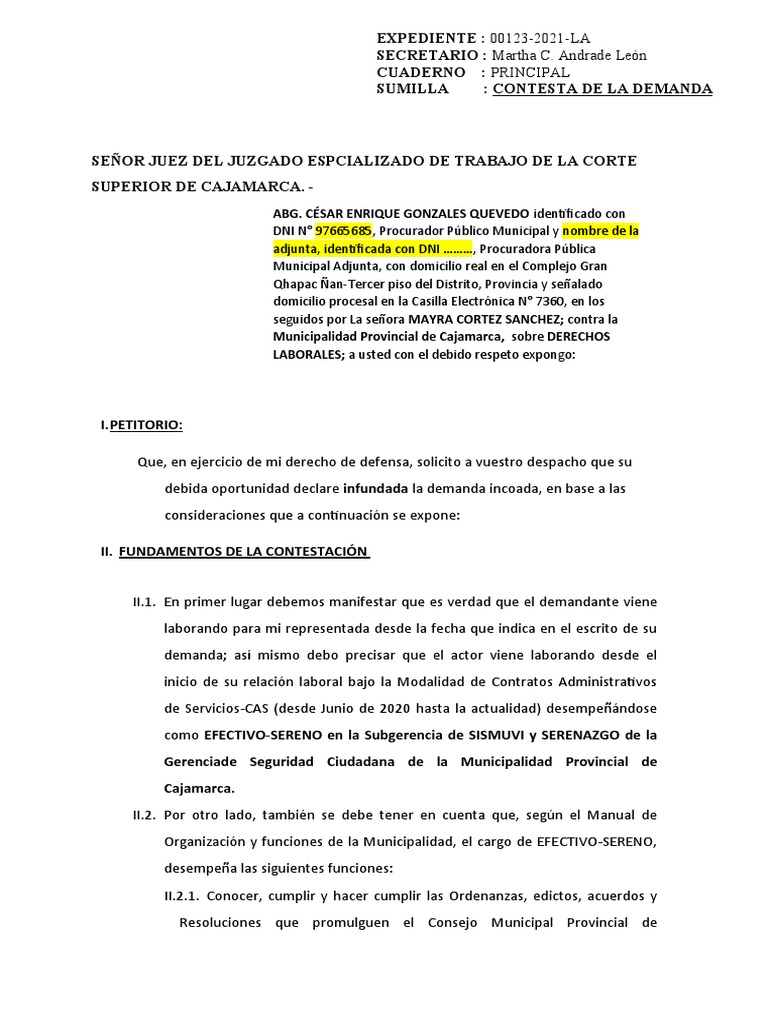 Contestacion de Demanda Laboral | PDF