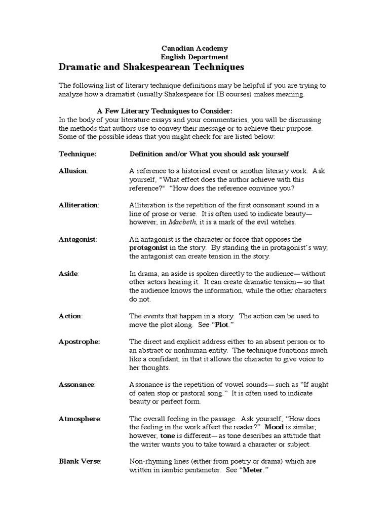 Literary Techniques For Drama and Analyzing Shakespeare PDF | PDF | Metre (Poetry) | Poetry