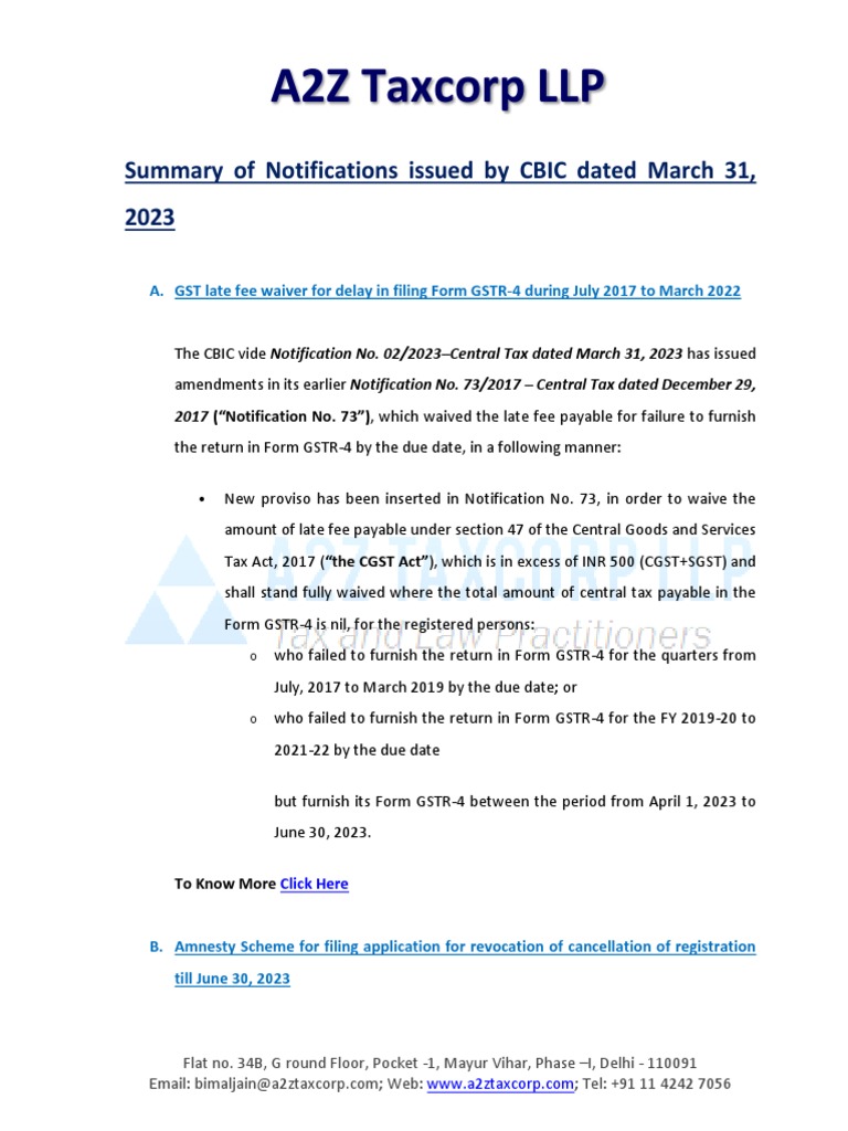 Summary of Notifications Issued by CBIC Dated March 31 2023 PDF | PDF
