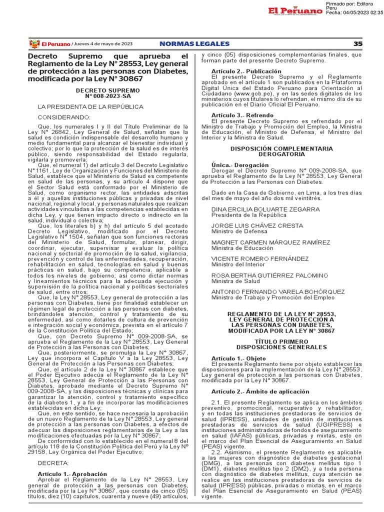 Decreto Supremo Que Aprueba El Reglamento de La Ley N 28553 Decreto Supremo N 008 2023 Sa ...