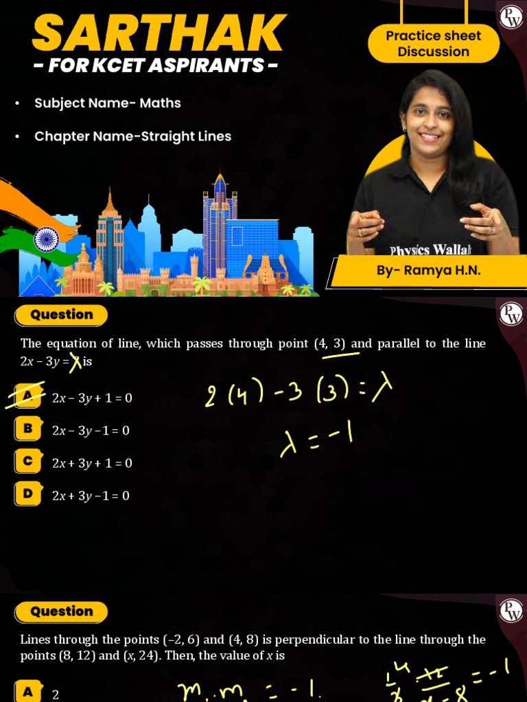 Straight Lines - Practice Sheet Discussion - Sarthak KCET | PDF