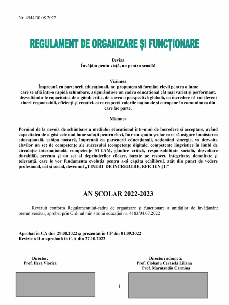 Regulament de Organizare Si Functionare 2022-2023 Revizuit Cu Anexe ...