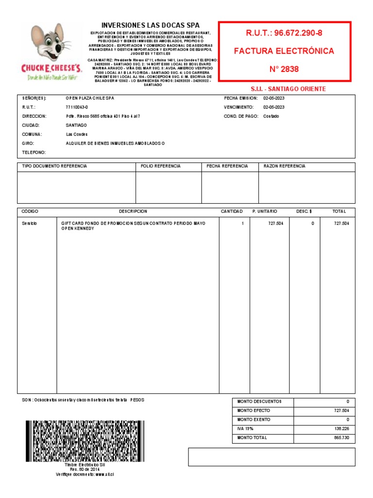 R.U.T.: 96.672.290-8 Factura Electrónica: Inversiones Las Docas Spa | PDF | Santiago