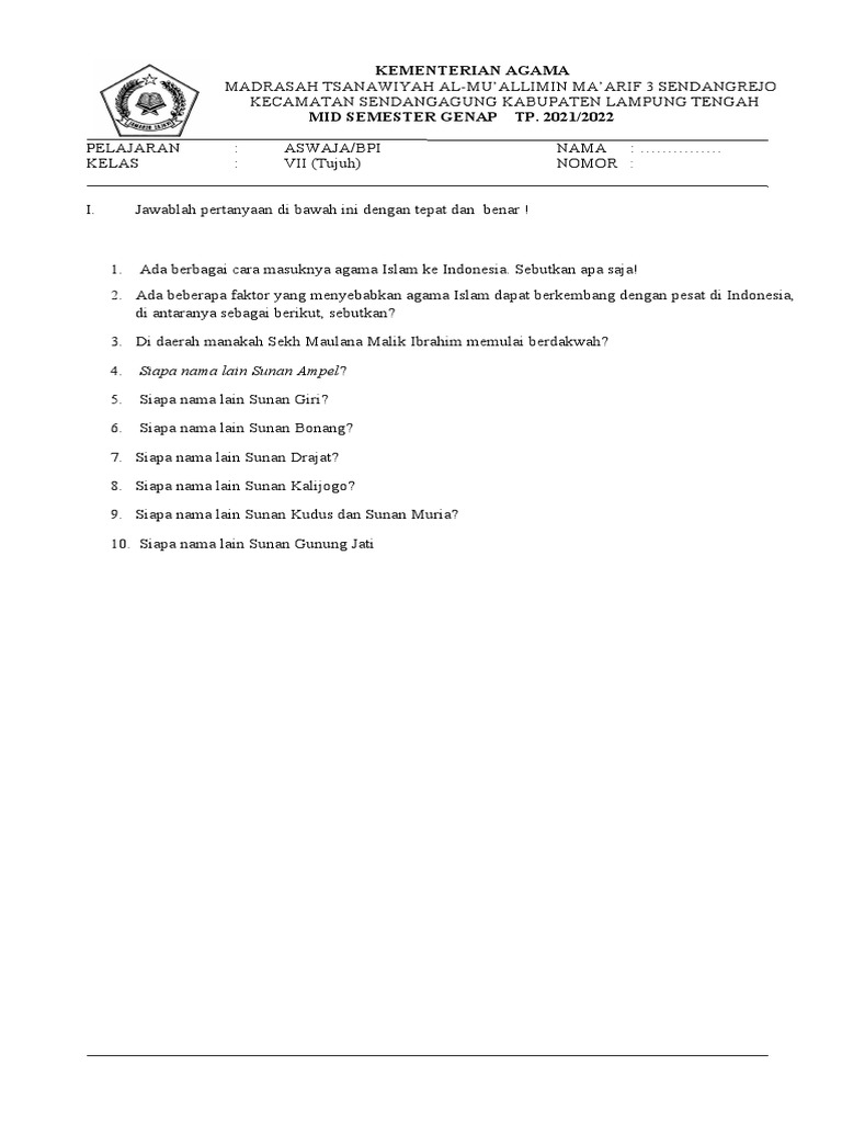 Soal Mid Aswaja - 2022 | PDF