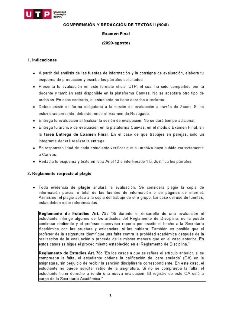 Comprensión y Redacción de Textos 2 - Examen Final - Formato Utp | PDF