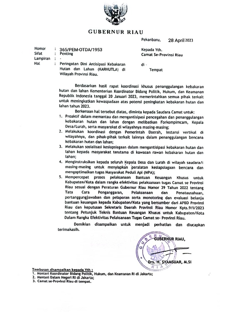 Surat Peringatan Dini Antisipasi Karhutla Riau PDF | PDF