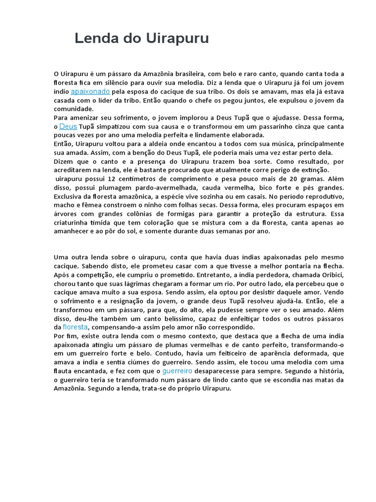 Lenda do Uirapuru, o pássaro de belo canto da Amazônia | PDF