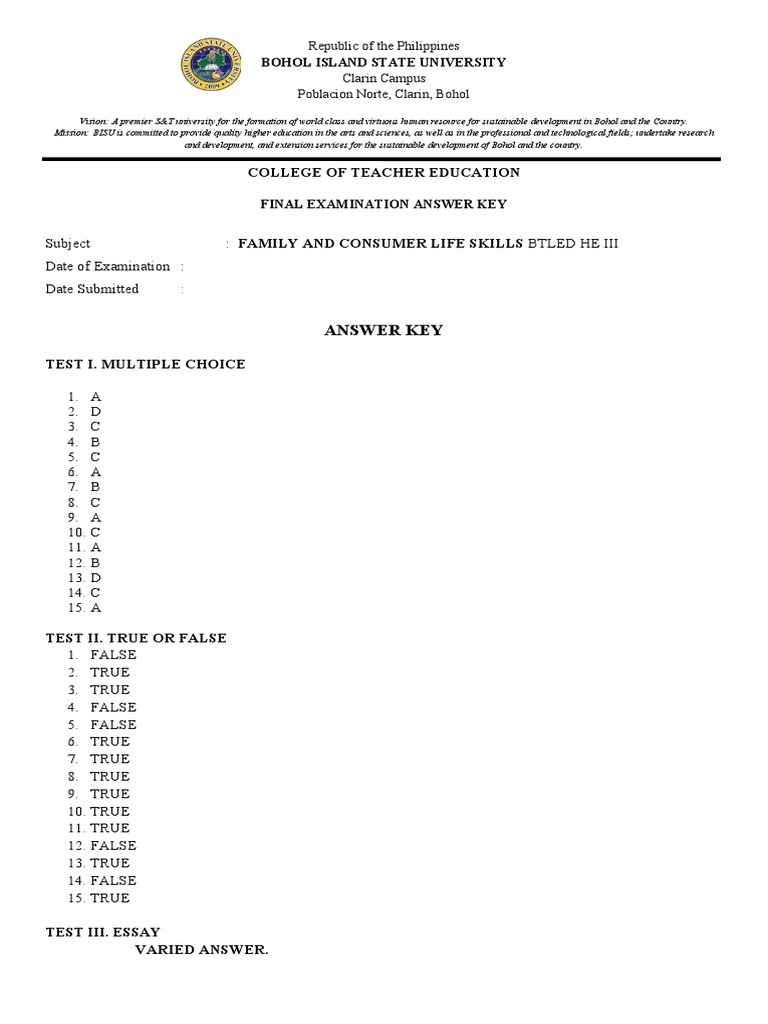 Family & Consumer Life Skills Key | PDF