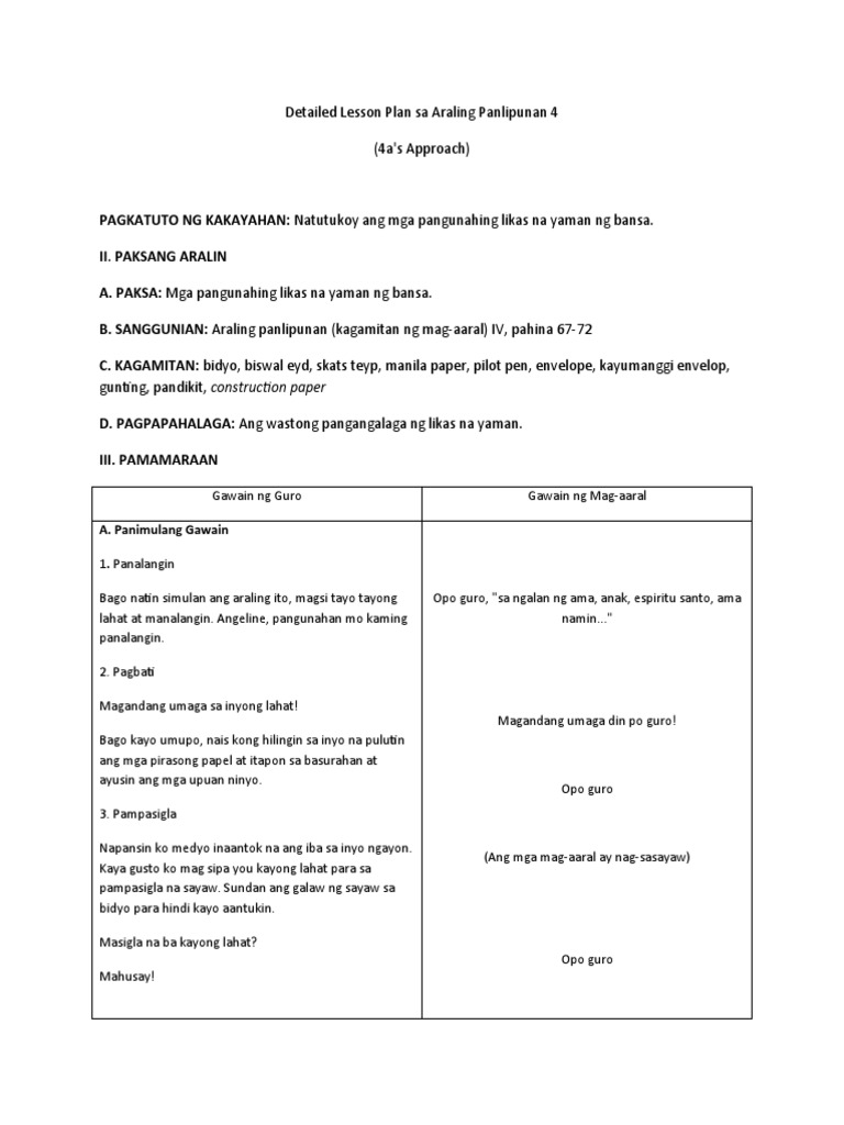 Detailed Lesson Plan Sa Araling Panlipunan 4 (4a's Approach) | PDF