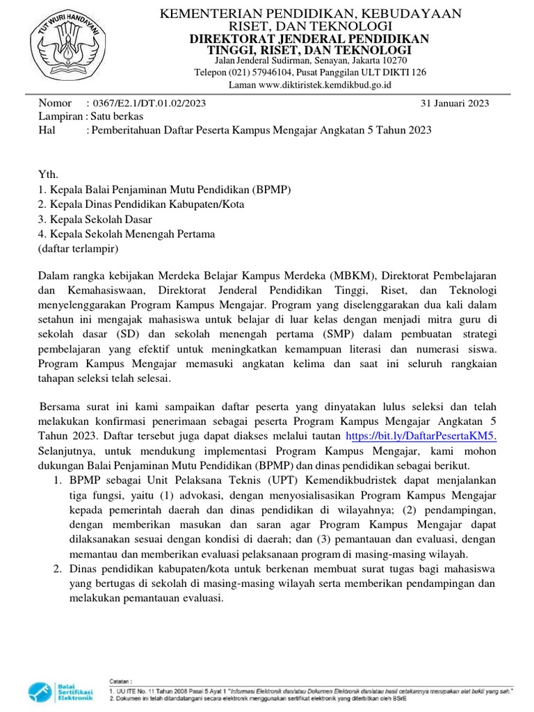 Surat Pemberitahuan Daftar Peserta Kampus Mengajar Angkatan 5 Tahun 2023 PDF | PDF