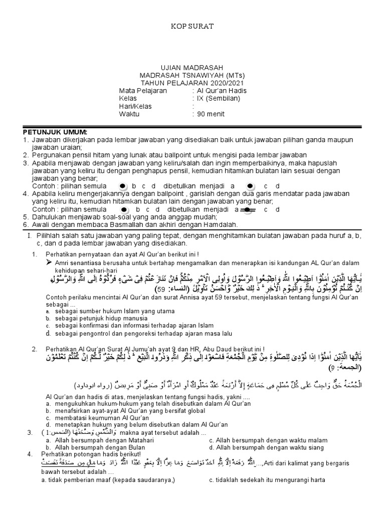 Soal Um Quran Hadits 2021 | PDF