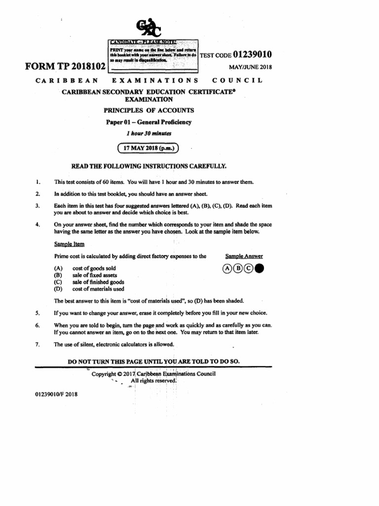 Csec Accounts 2018 Paper 1 PDF | PDF