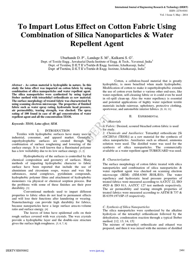 To Impart Lotus Effect On Cotton Fabric Using Combination of Silica Nanoparticles Water ...