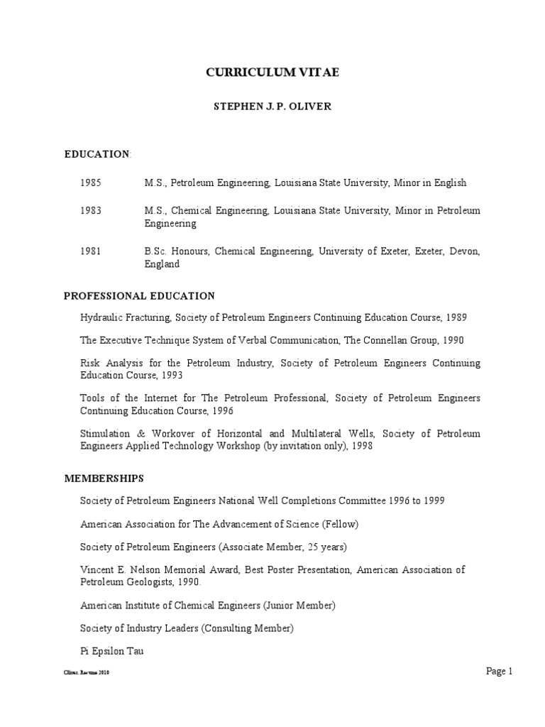 Reservoir Completions Engineer in Europe USA Resume Stephen Oliver ...