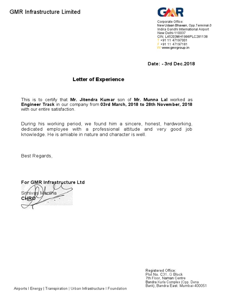 GMR Experience Letter | PDF