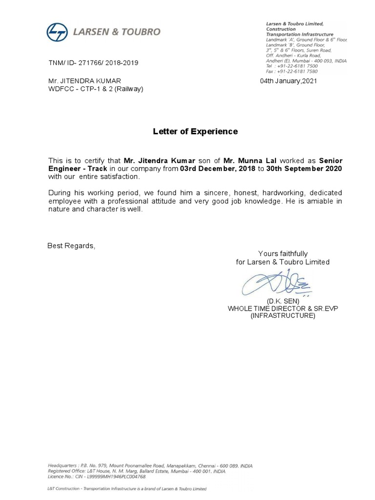 L&T Experience Certificate for Engineer | PDF