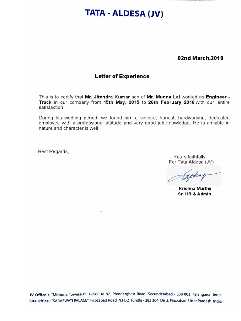 Jitendra Kumar Tata Aldesa JV Experience Letter PDF | PDF