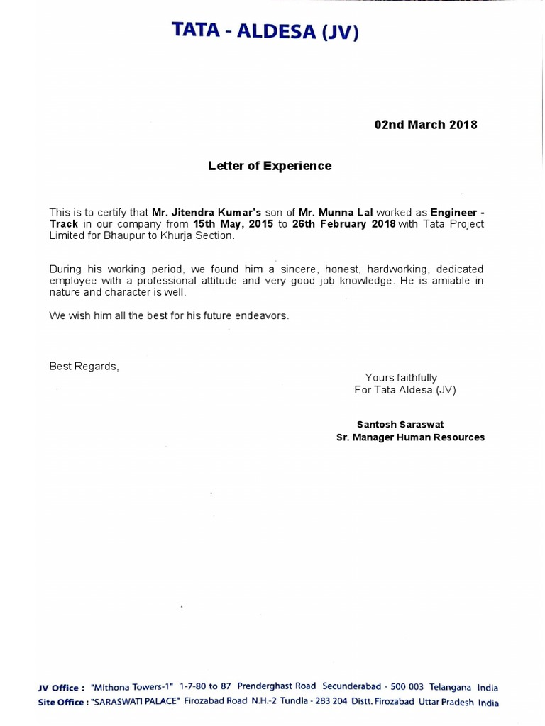 Jitendra Kumar Experience Tata PDF | PDF