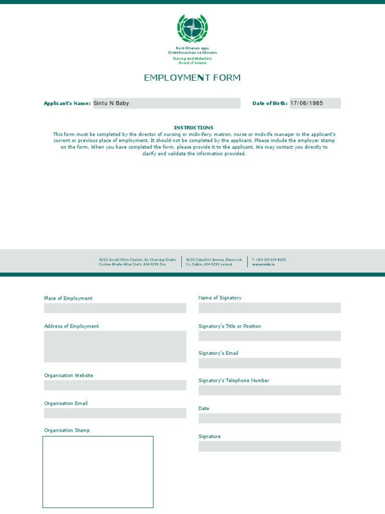 Employment Form NMBI SGH(2) (3) | PDF | Childbirth | Pregnancy