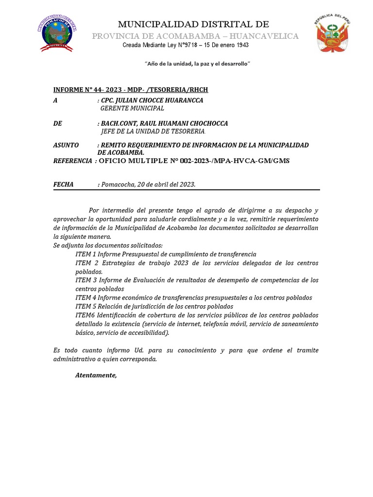 Informe N 044 - Tesoreria | PDF