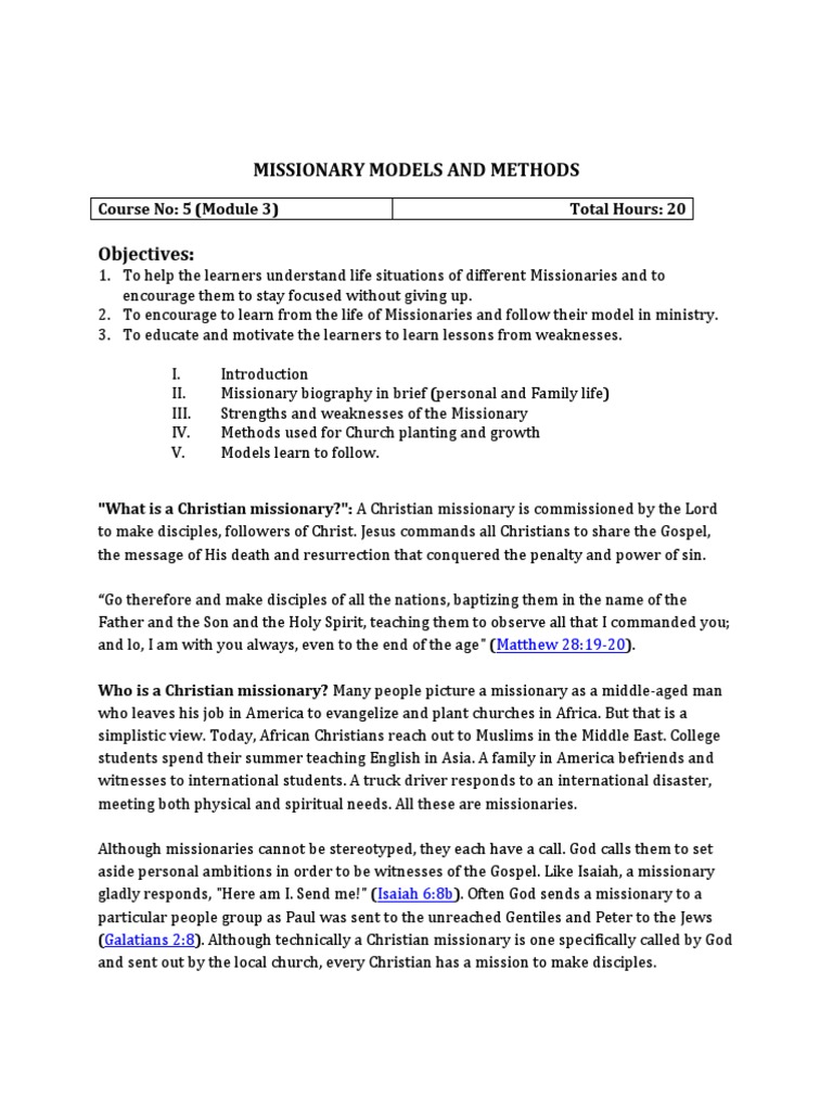 Missionary Models and Methods Overview | PDF