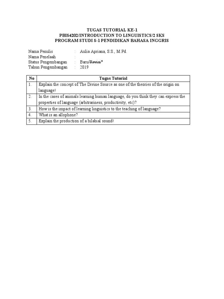 Linguistics Tutorial Assignment Overview | PDF