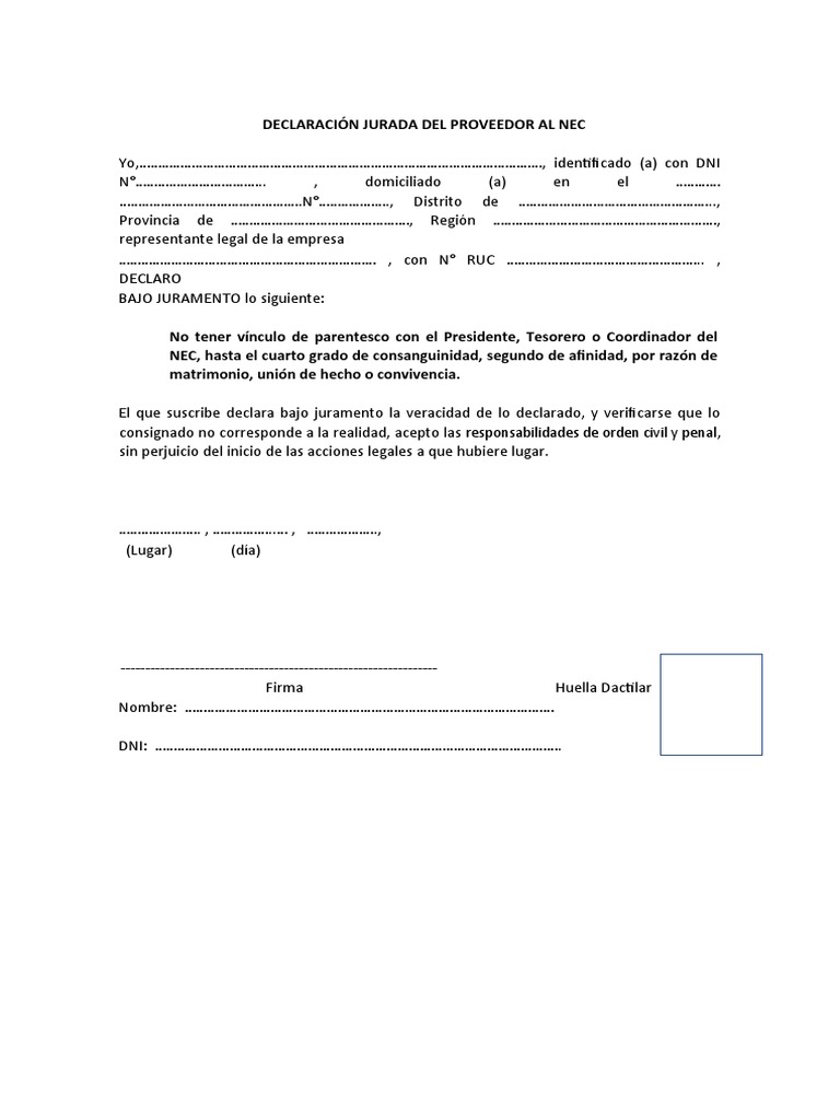 Declaración Jurada Del Proveedor 4-A | PDF