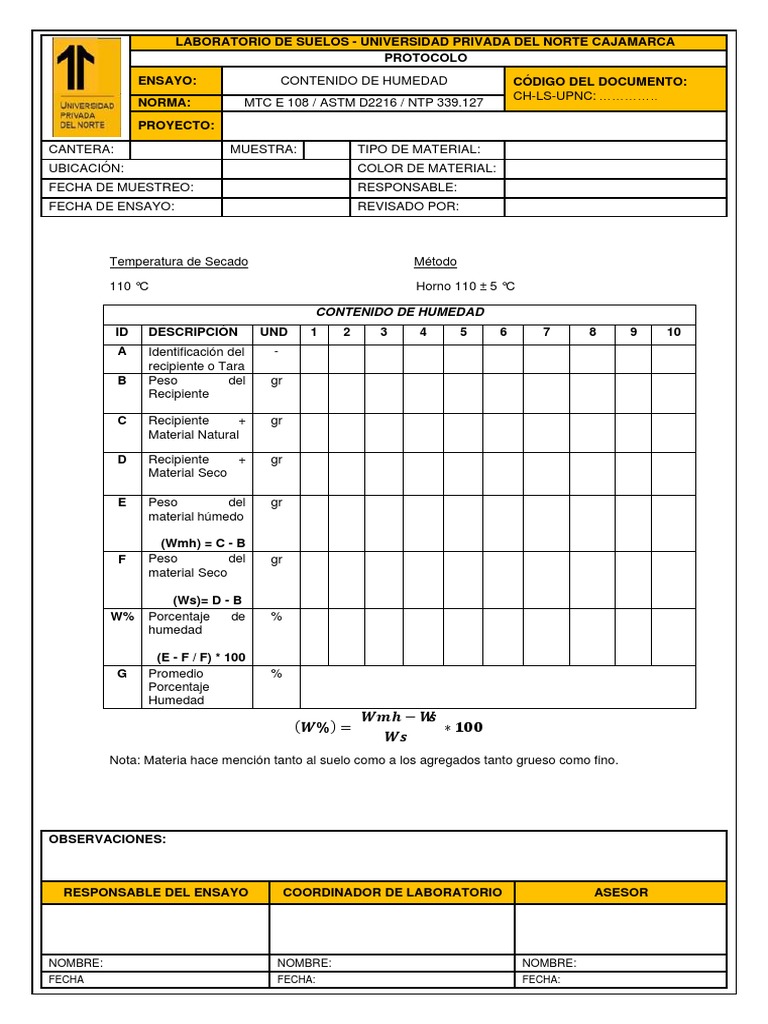 Protocolo Contenido de Humedad PDF | PDF