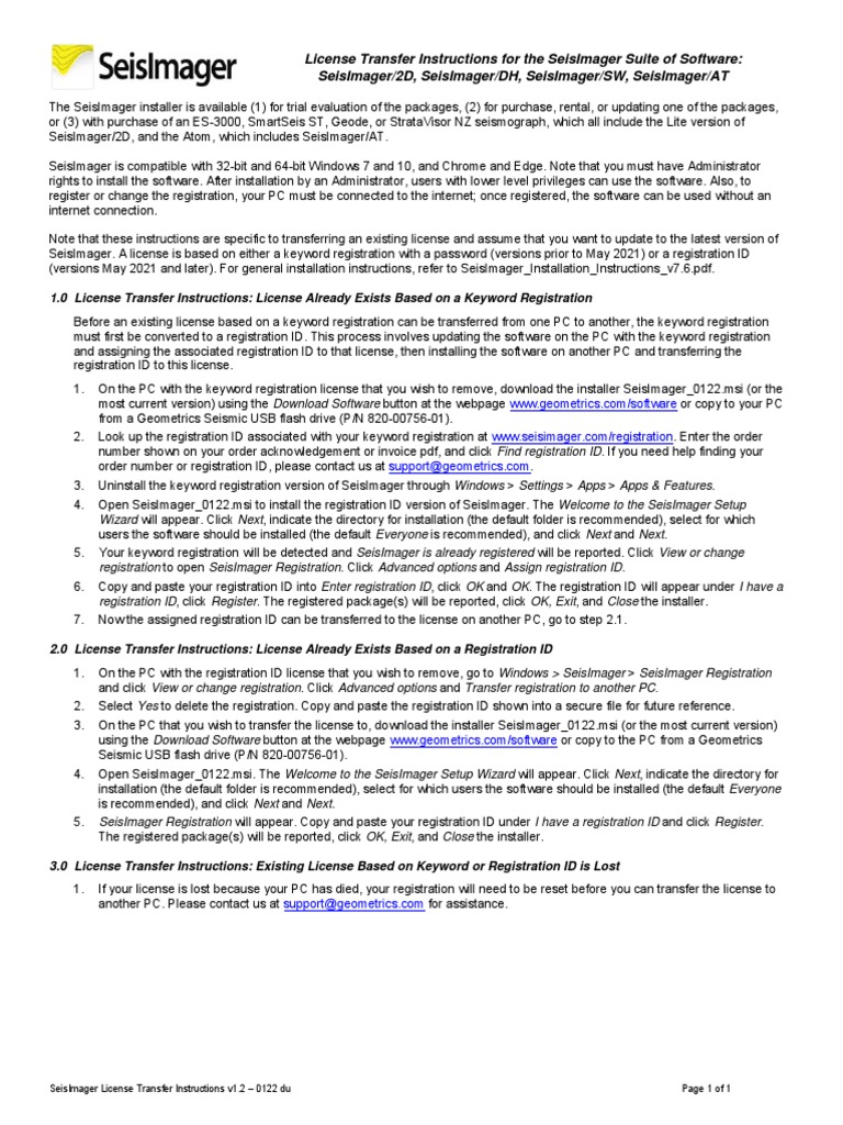 SeisImager LicenseTransfer Instructions v1.2 PDF | PDF