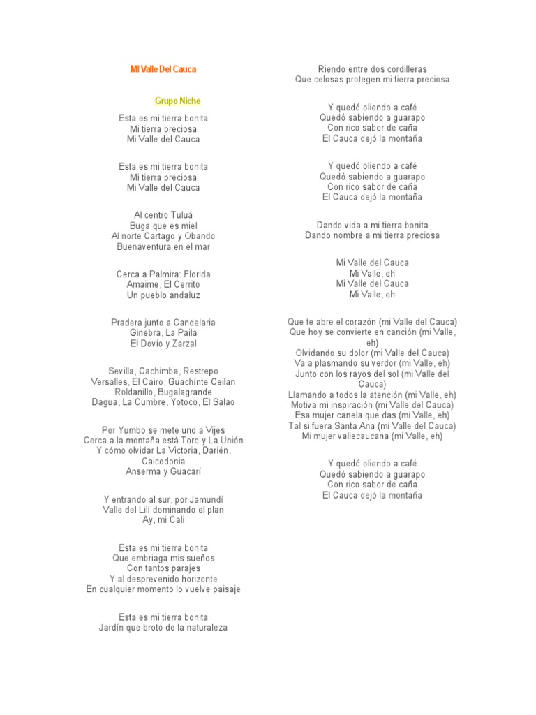 Letra Canción Mi Valle Del Cauca | PDF