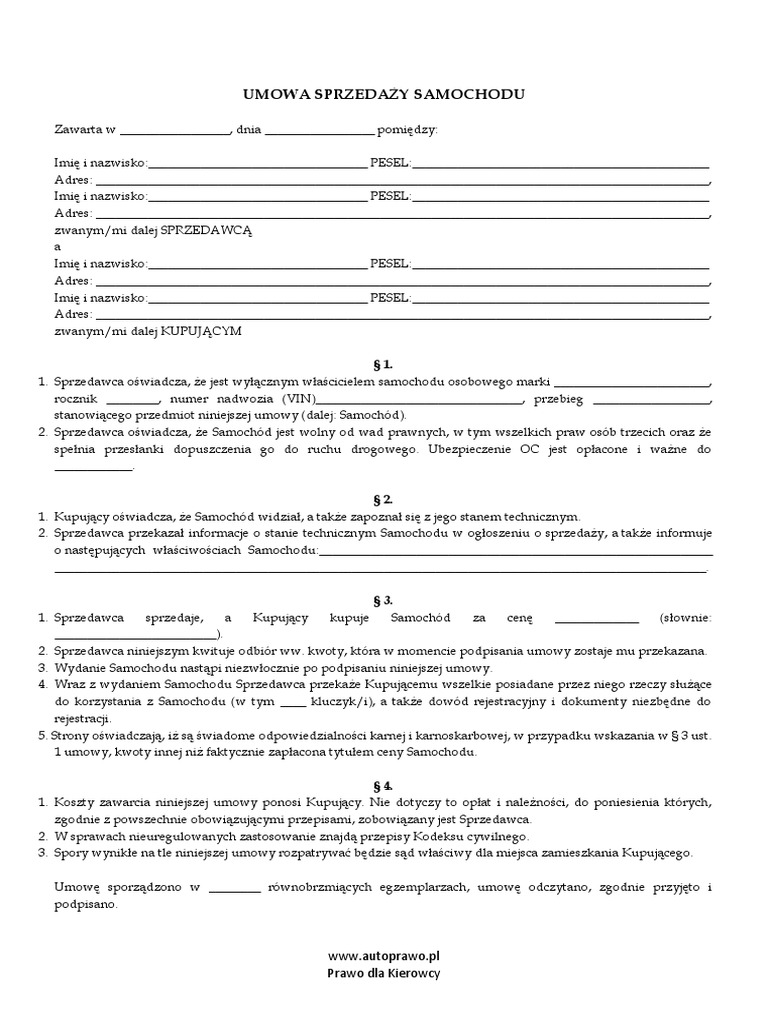 Umowa Kupna Sprzedaży Samochodu Współwłaściciele Autoprawo | PDF