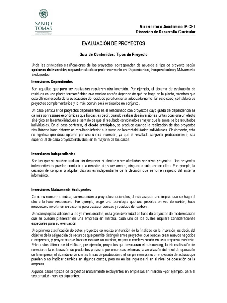 Clasificación de proyectos de inversión según su tipo e ...
