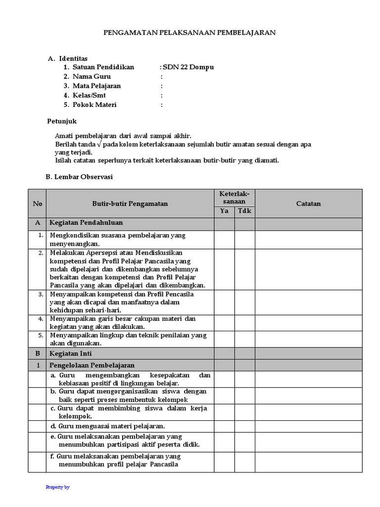 Format Pengamatan Pembelajaran Kumer | PDF