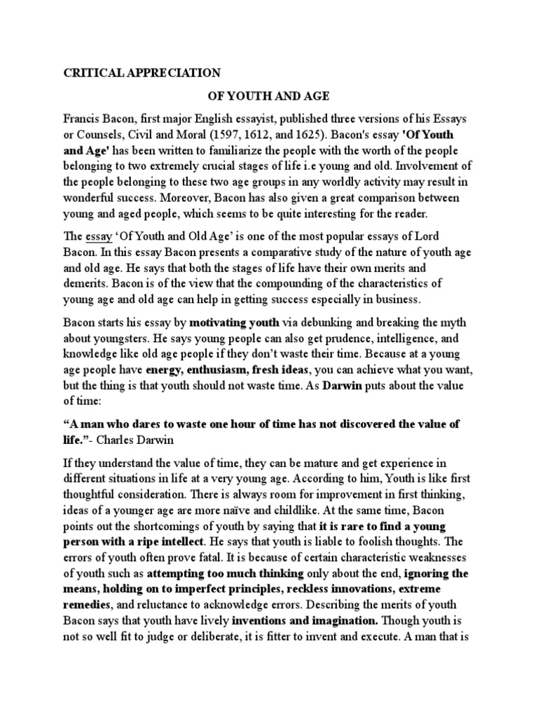 CRITICAL APPRECIATIOn of Youth N Age PDF | PDF | Essays | Francis Bacon