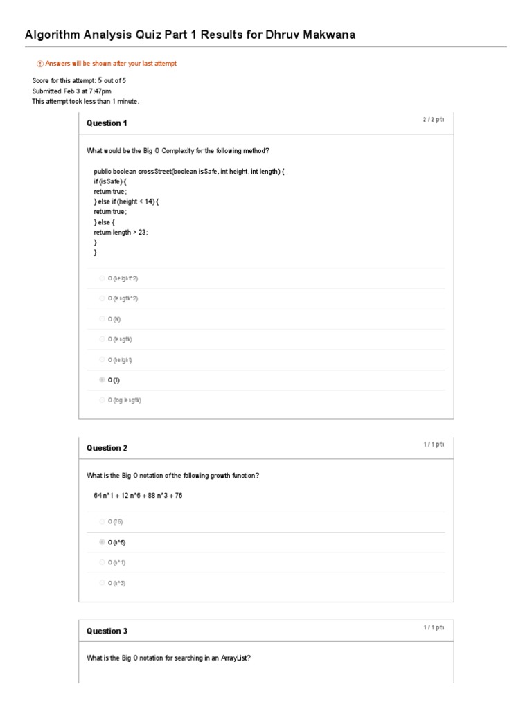 Algorithm Analysis Quiz Part 1 PDF | PDF