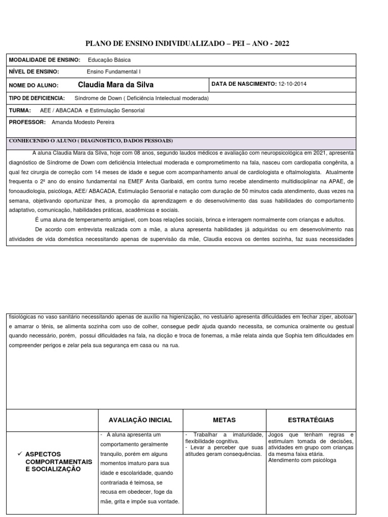 Pei Modelo (2).pdf | PDF | Síndrome de Down | Deficiência intelectual